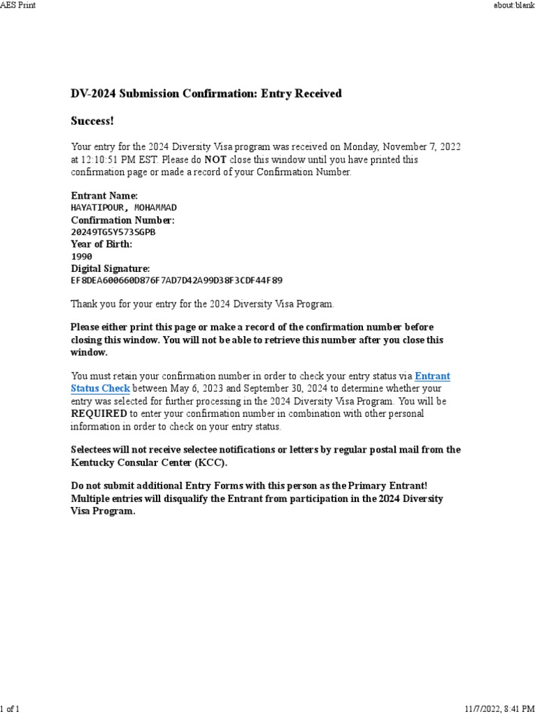 DV-2024 Submission Confirmation: Entry Received Success! | PDF