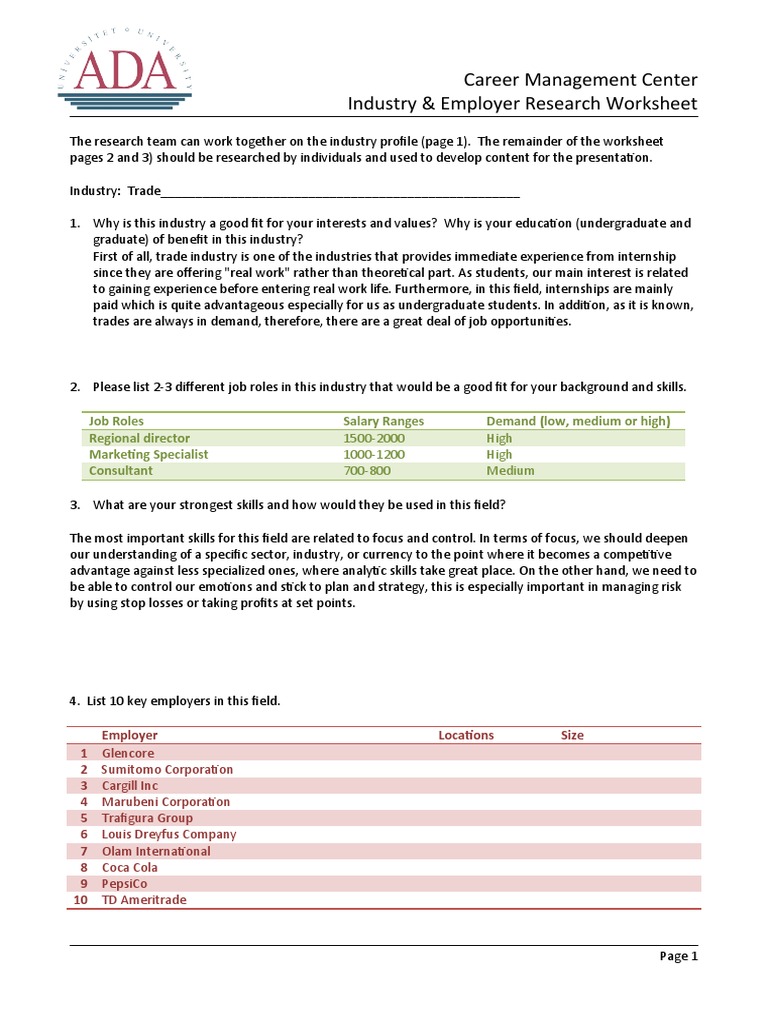 Employer Research Worksheet | PDF | Internship | Job Hunting