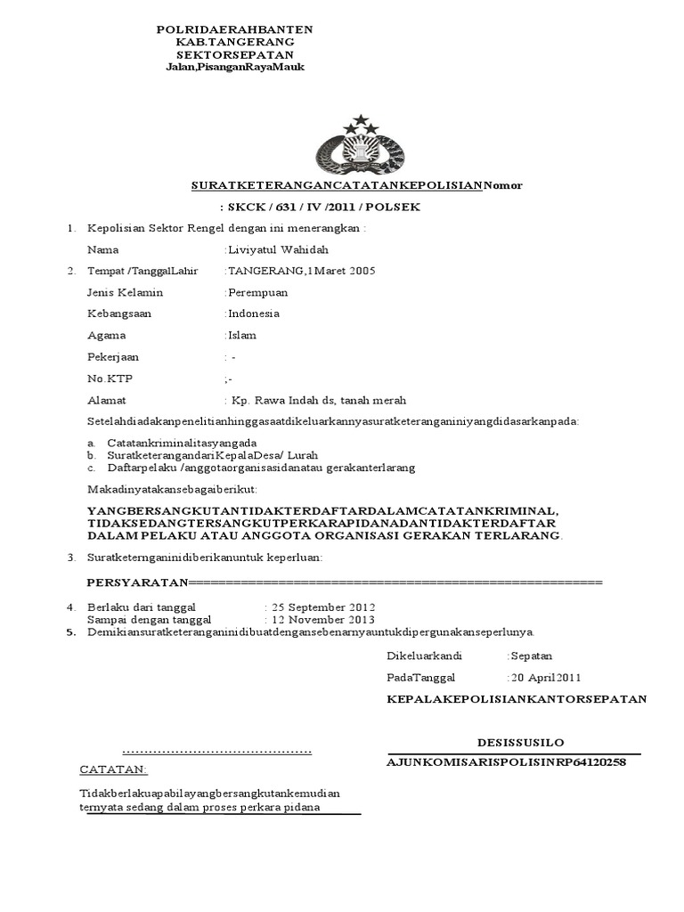 Contoh Surat SKCK dari Polsek Sepatan | PDF