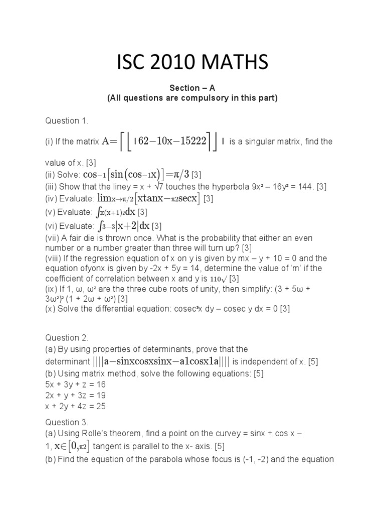 Isc 2010,11 Maths QPS | Download Free PDF | Plane (Geometry) | Equations