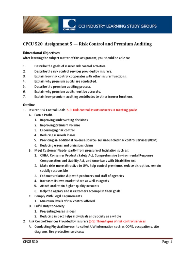 CPCU 520 Chapter 5 Risk Control and Premium Audit Session Notes | PDF ...