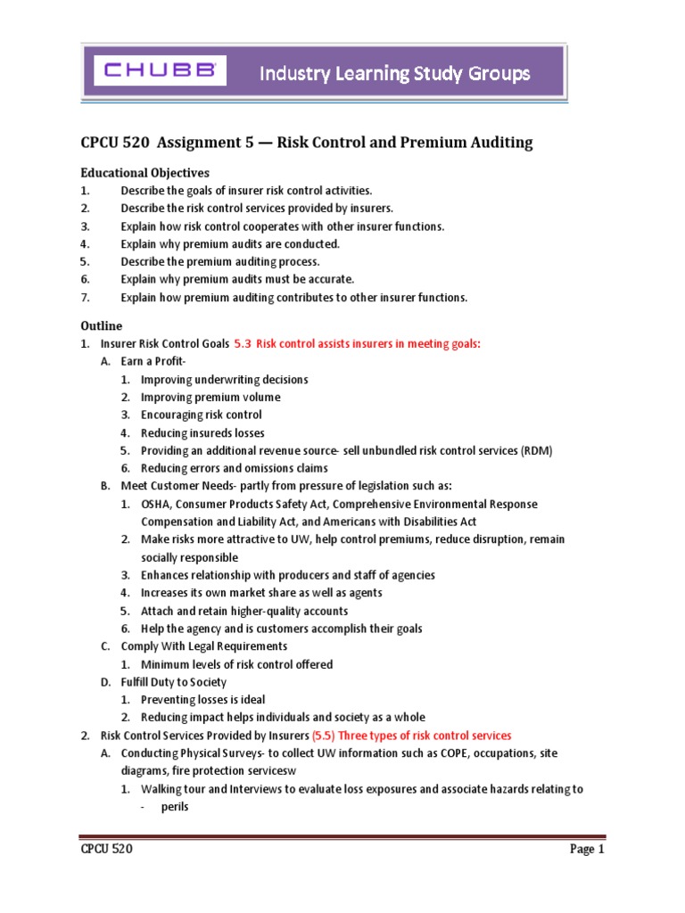 CPCU 520 Chapter 5 Risk Control and Premium Audit 2016 Session Notes ...