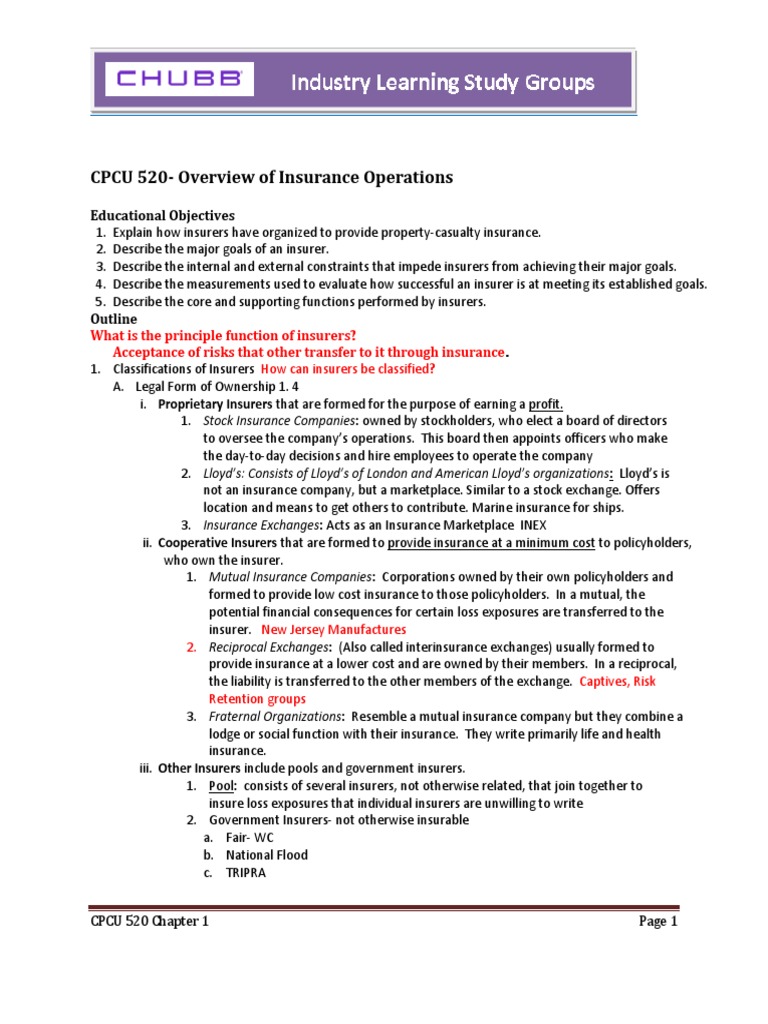 CPCU 520 Chapter 1 Overview of Insurance Operations | PDF | Insurance ...
