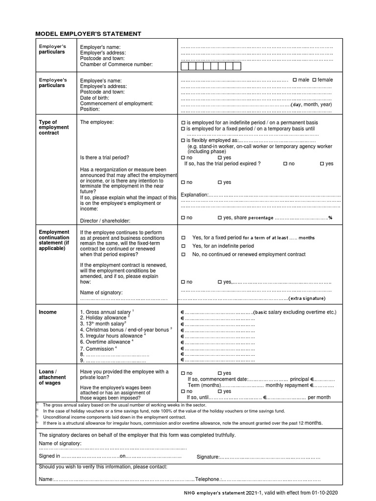 NHG Model Employer's Statement 2021 | PDF | Employment | Labor