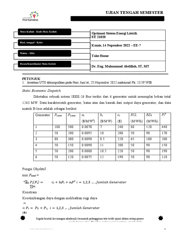 UTS 21020 Optimasi Sistem Energi Listrik 2021 2022 | PDF