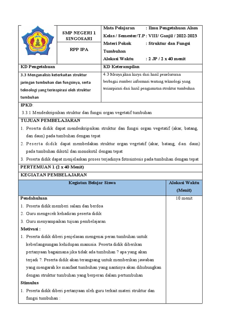 RPP Struktur Dan Fungsi Tumbuhan-2 | PDF | Karier & Perkembangan