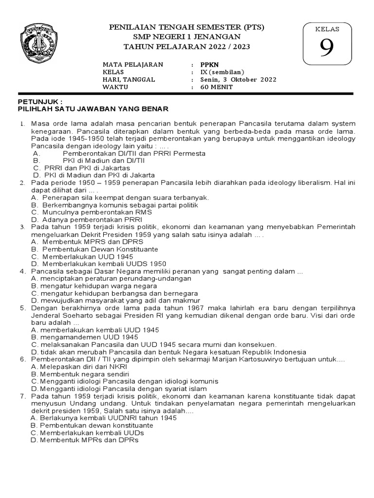 Soal Pts Kls 9 Ganjil 22 23 | PDF