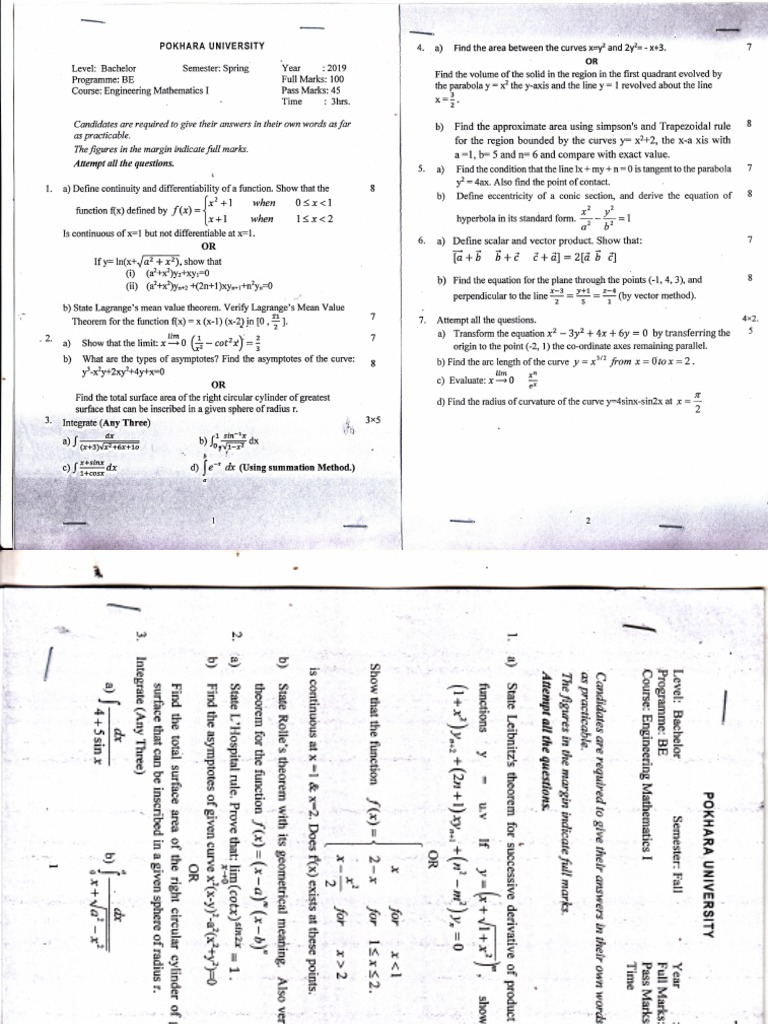 Engineering Mathematics I Upto Spring 2019 | PDF