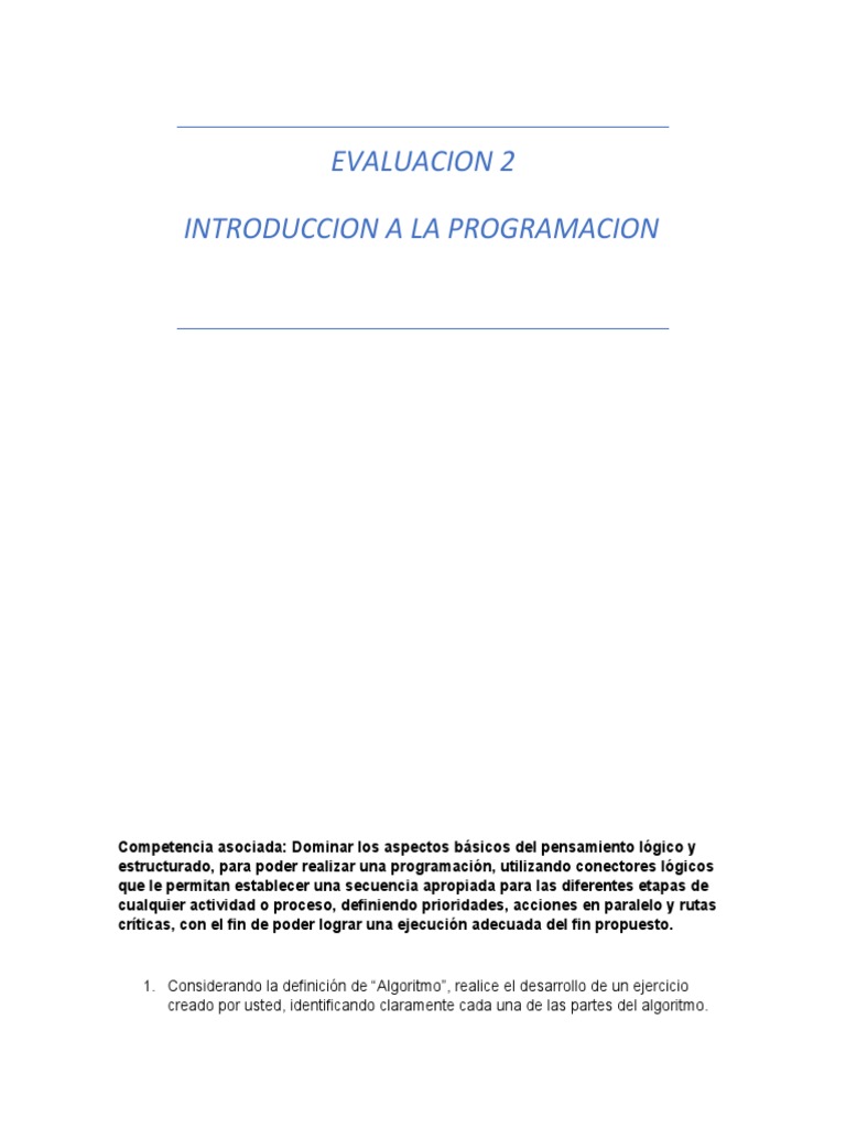 Evaluacion 2 Introduccion A La Programacion | PDF | Algoritmos | Lenguaje de programación