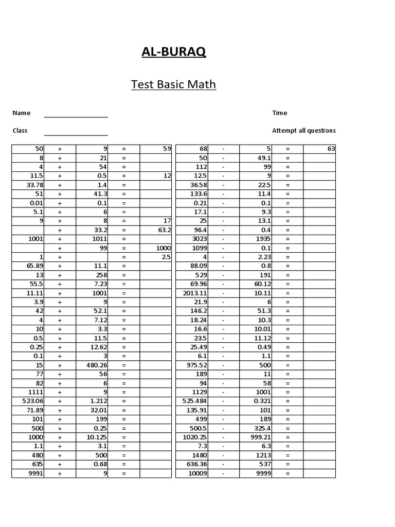 Basic Math Test | PDF