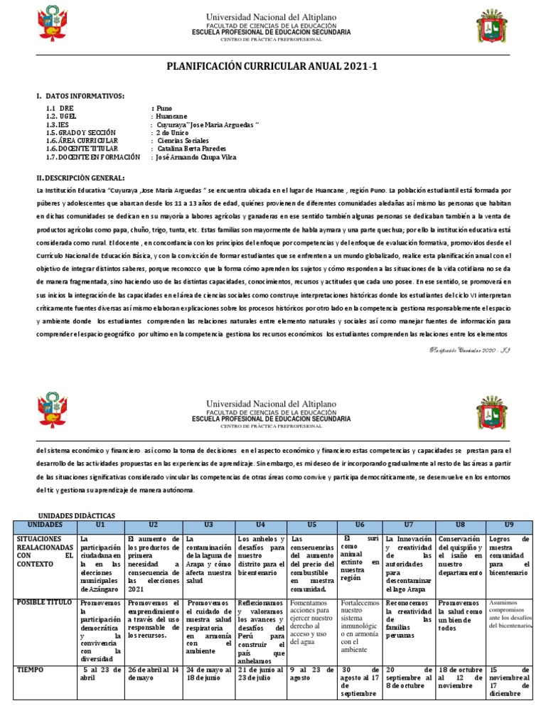 Planificacion Curricular Anual 2do Cuyuraya Huancane | PDF | Evaluación | Aprendizaje