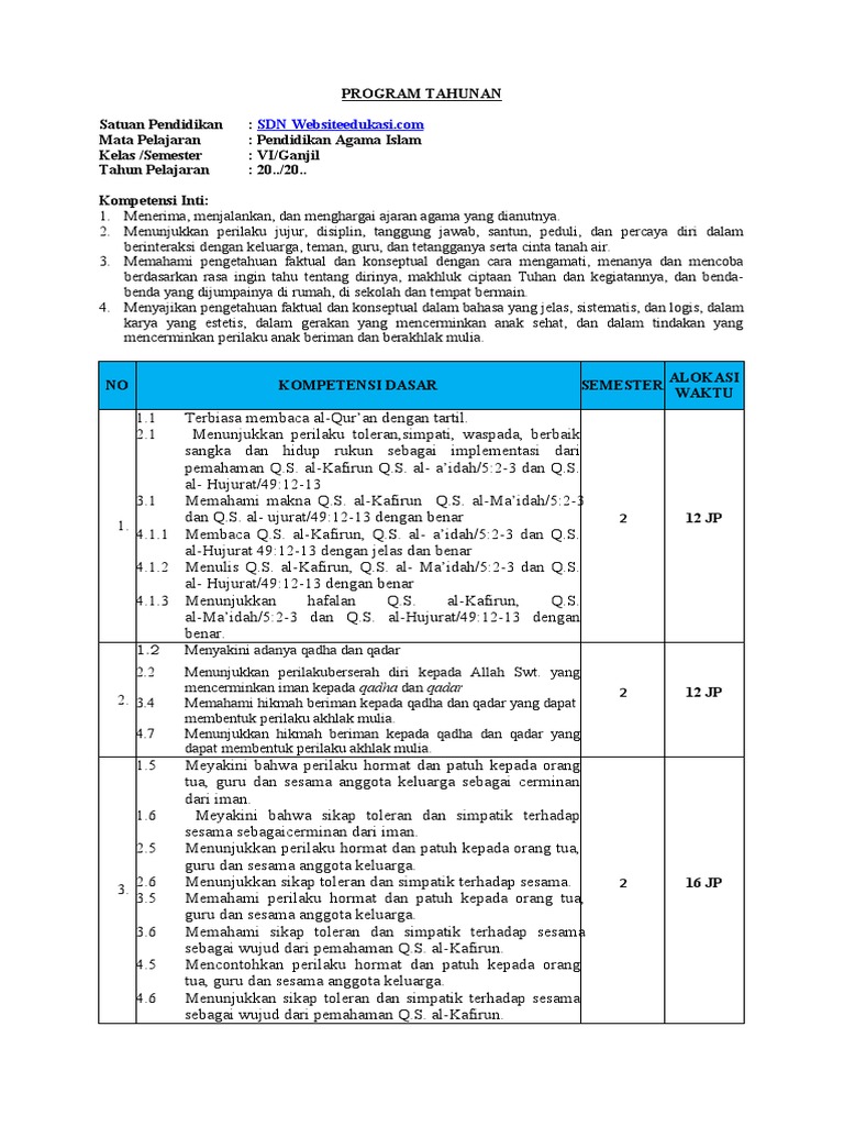 Prota PAI Kelas 6 Semester 1 Kurmer | PDF