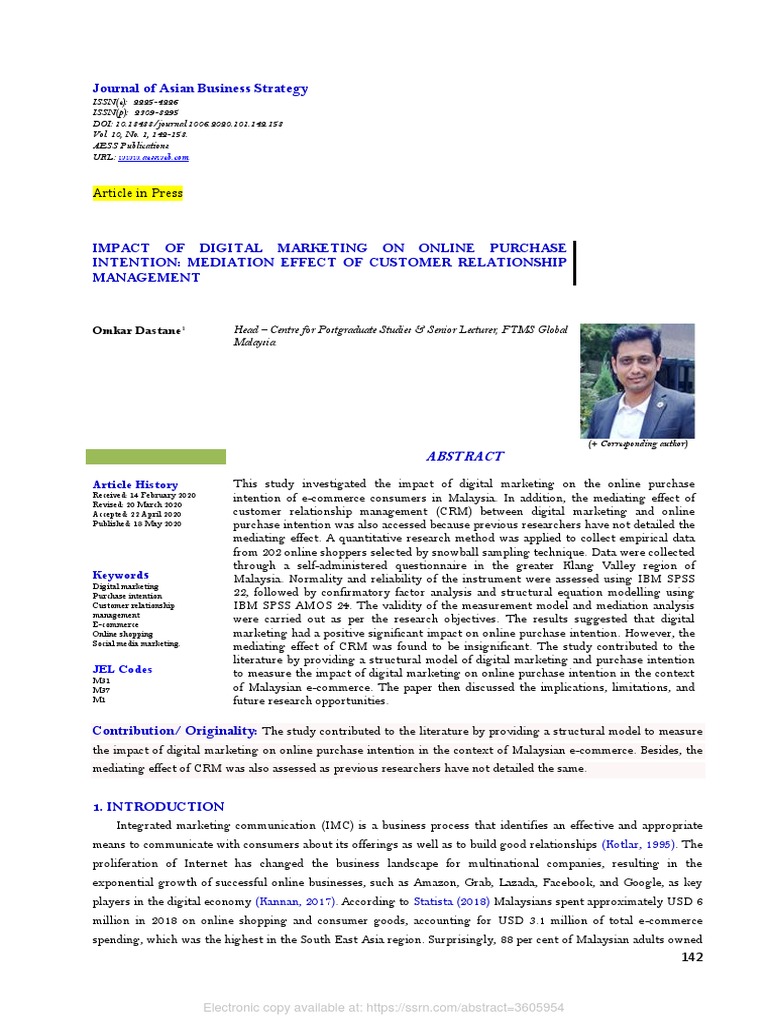 Impact of Digital Marketing On Online Purchase Intention: Mediation Effect of Customer ...