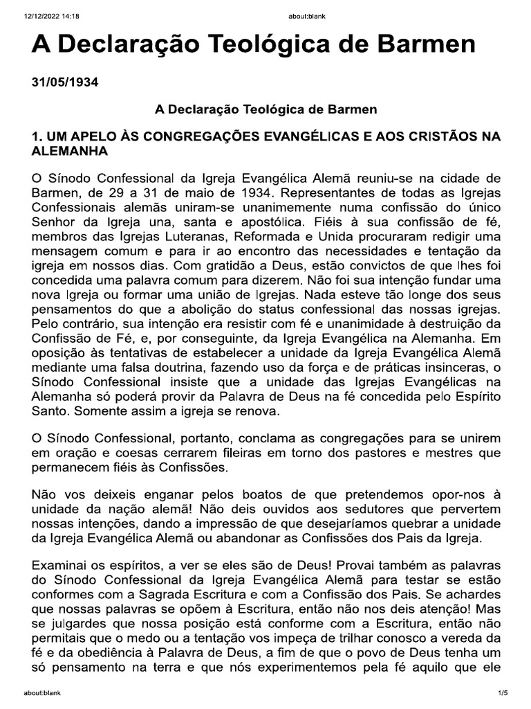 Declaração Teológica de Barmen - Igreja Evangélica Alemã | PDF
