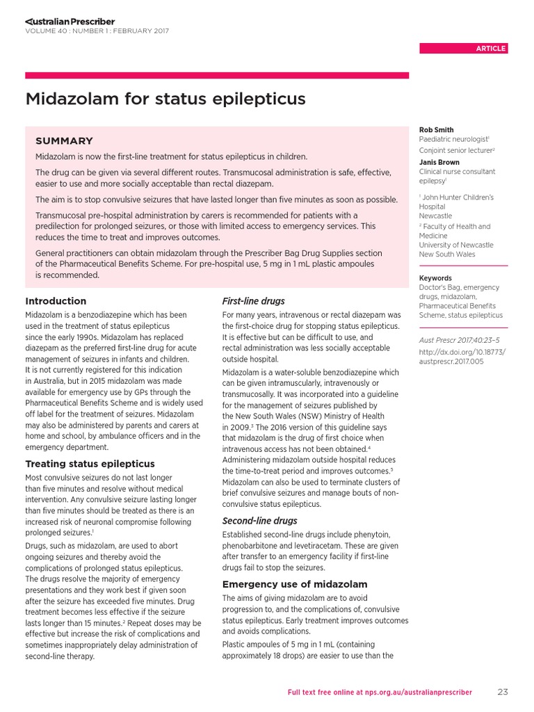 Midazolam For Status Epilepticus | PDF | Midazolam | Epilepsy
