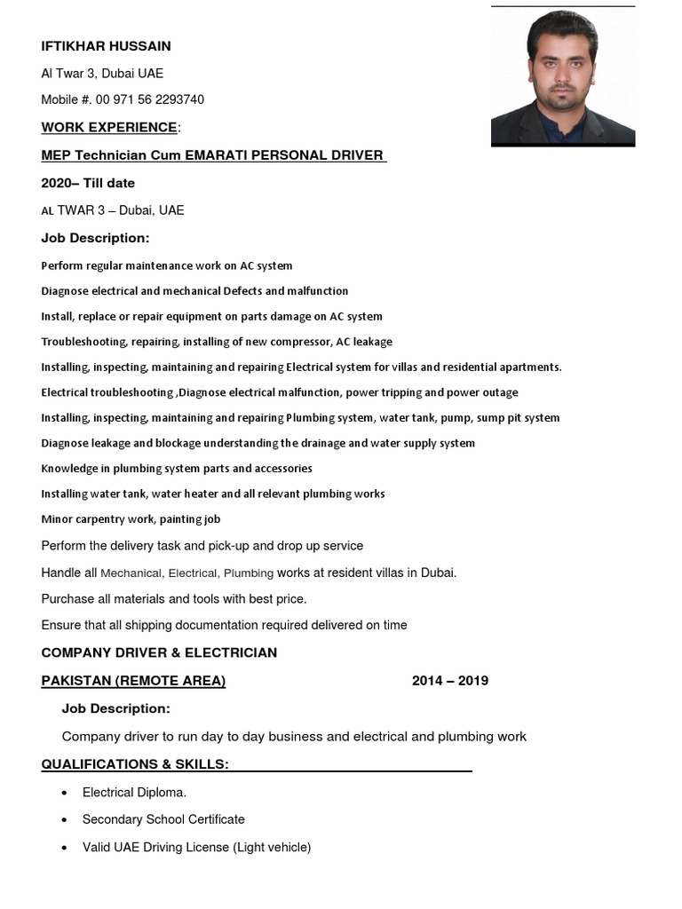 MEP Technician & Driver Resume | PDF | Business