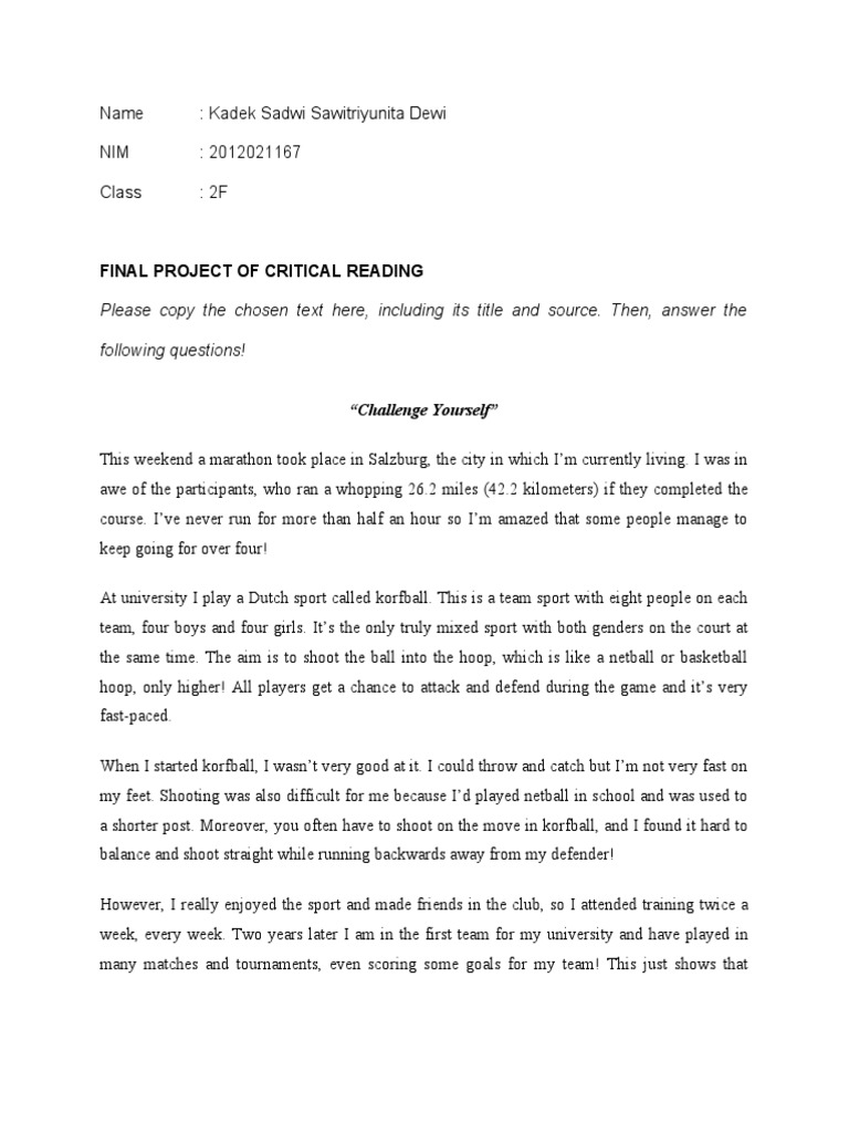 Final Project Critical Reading - Kadek Sadwi Sawitriyunita Dewi | PDF ...
