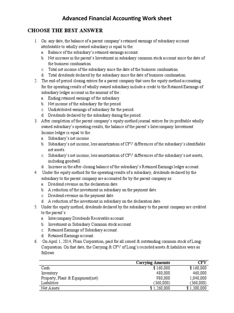 Advanced Financial Accounting Work Sheet | PDF | Equity (Finance ...