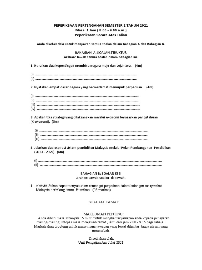 Soalan Pep - Pertengahan Sem 2 2021 | PDF