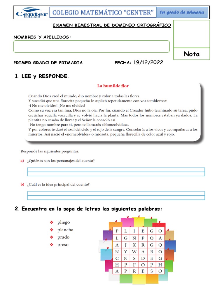 Examen Bimestral de Ortografía 1er Grado | PDF | Artes del Lenguaje y ...