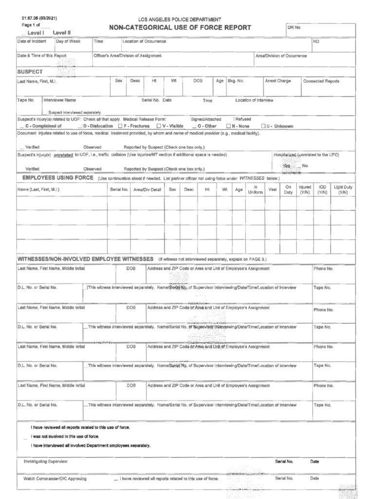 Non-Categorical Use of Force Report, Form 01.67.05 | PDF