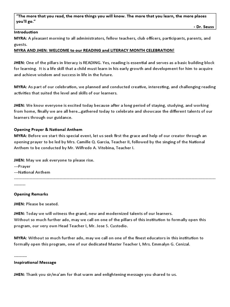 Emcee Script for Reading Month Celebration | PDF