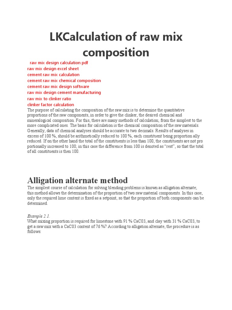 Calculation of Raw Mix Composition | PDF | Cement | Equations