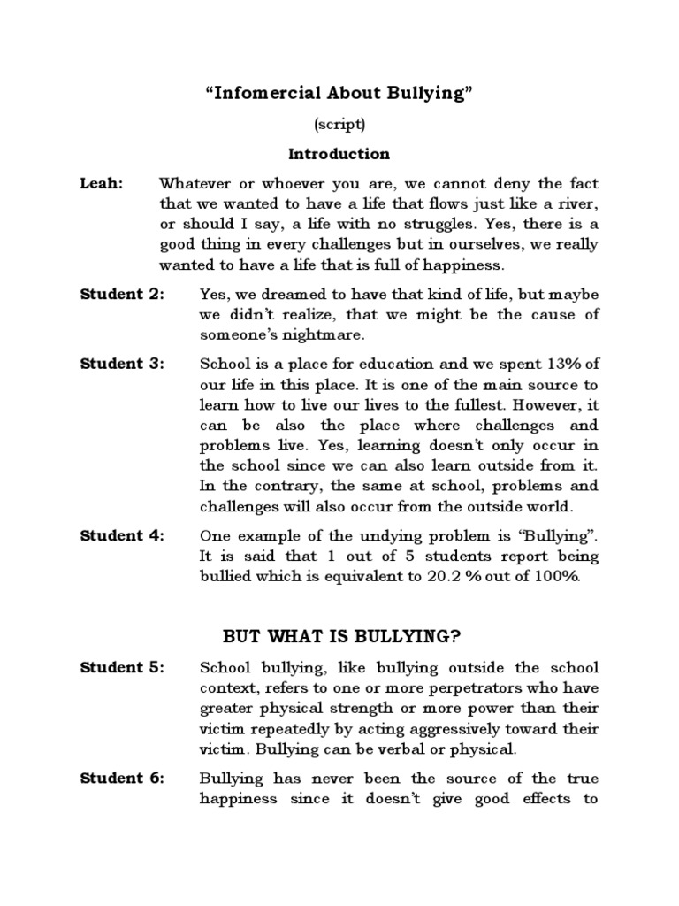Infomercial About Bullying | PDF | Bullying | Psychological Concepts