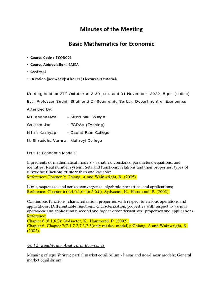 Minutes BA Eco. Major Basic Mathematics For Economic Analysis DSC 2 | PDF