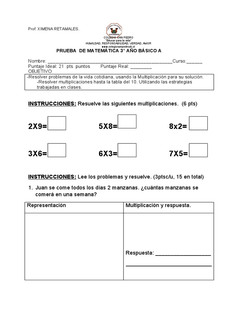 Prueba de Matemática 3° Básico: Multiplicación | PDF | Salud y bienestar
