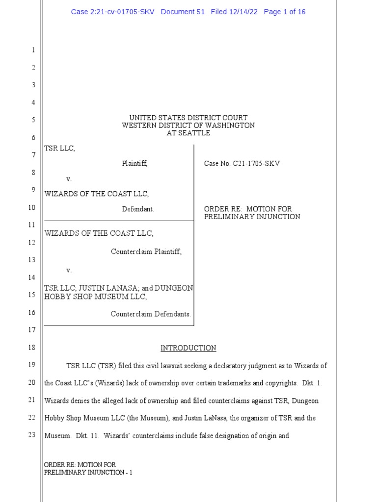 Order - TSR LLC v. Wizards of The Coast LLC (WDWA 2021) - Motion For ... Order - TSR LLC v. Wizards of The Coast LLC (WDWA 2021) - Motion For ...