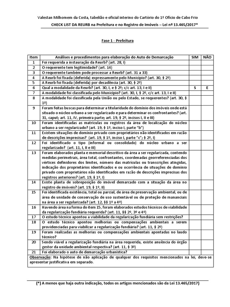 Check List REURB: Procedimentos e Análises | PDF | Condomínio | Lei de ...