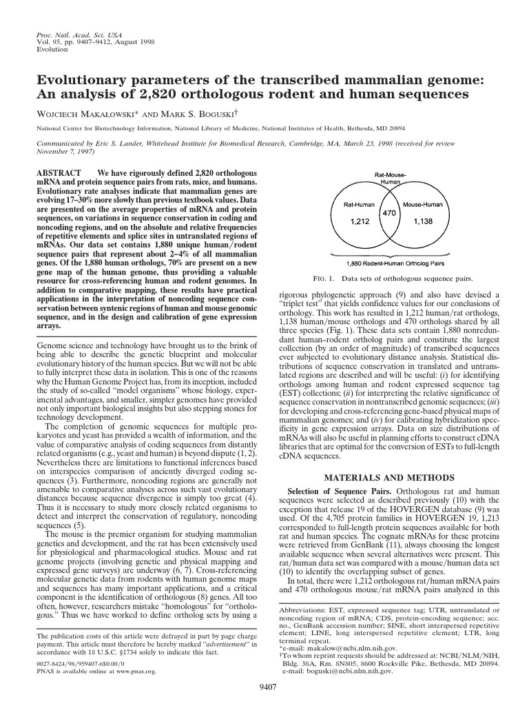 Evolutionary Parameters of The Transcribed Mammalian Genome | PDF | Sequence Alignment | Gene