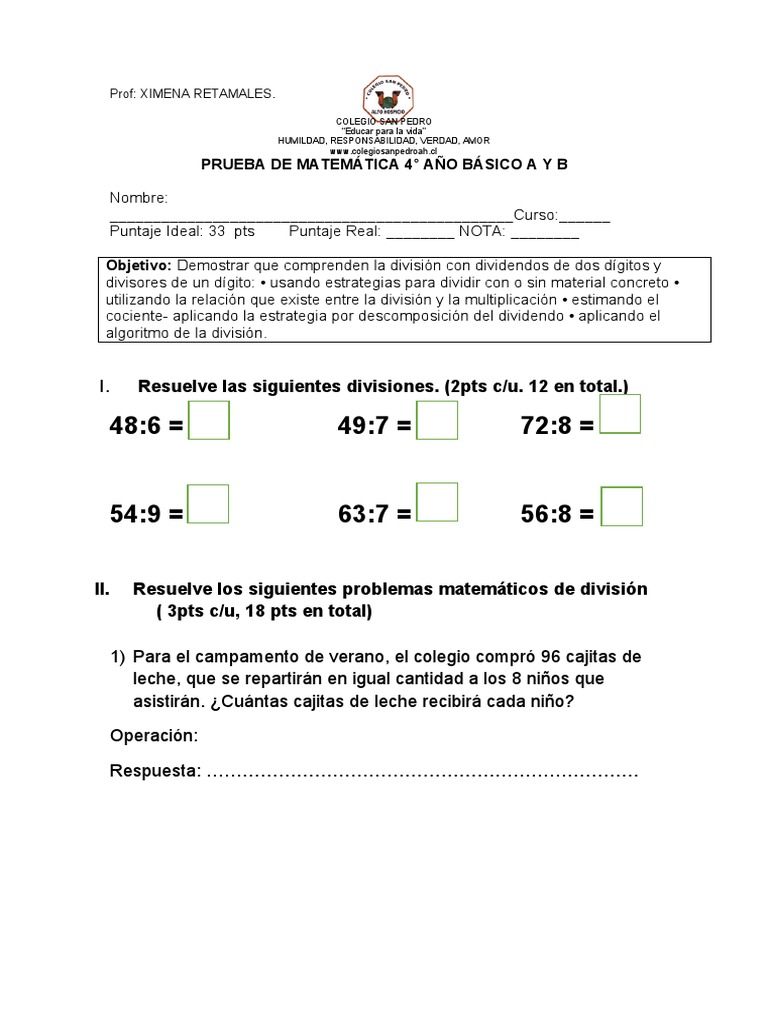 Prueba de Matemática 4 Básico A y B Oa6 Divisiones | PDF | División ...