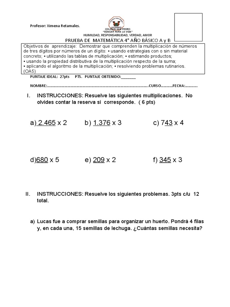 Prueba de Matemáticas 4° Básico: Multiplicación | PDF