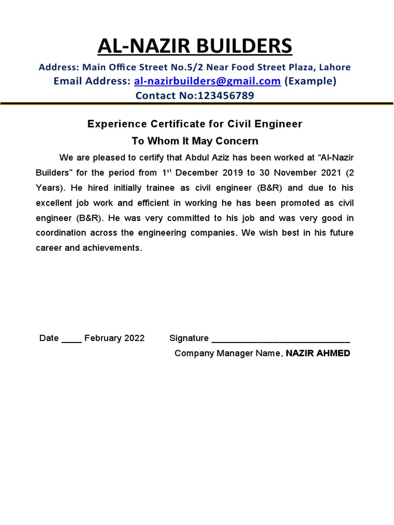 136 - Experience Certificate For Civil Engineer B&T Job | PDF | Business | Engineering