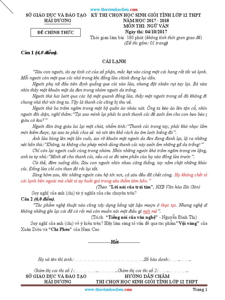 20 de Thi HSG Ngu Van 12 Co Dap An | PDF