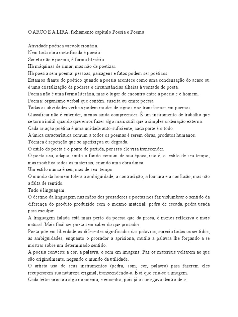 Fichamento Capítulo Poesia e Poema Do O Arco e A Lira | PDF | Poesia ...