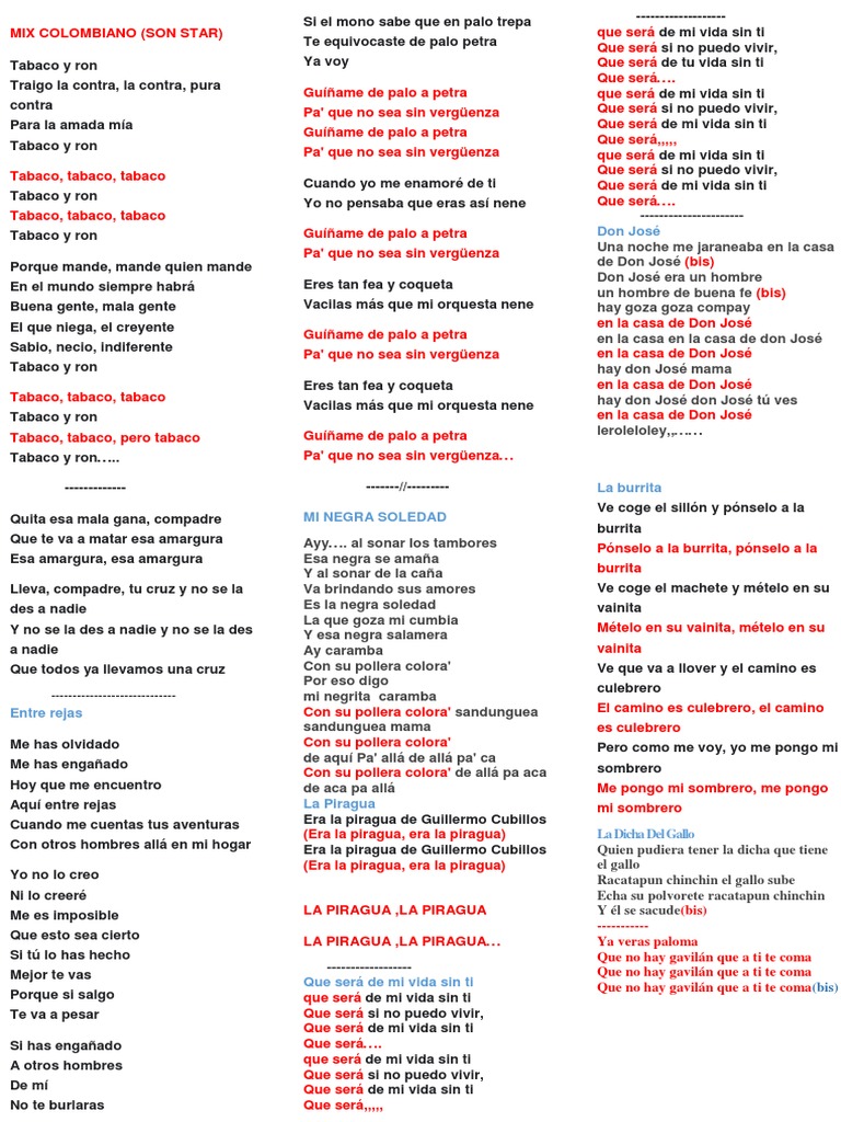 Letra Mix Colombiano Son Star | PDF