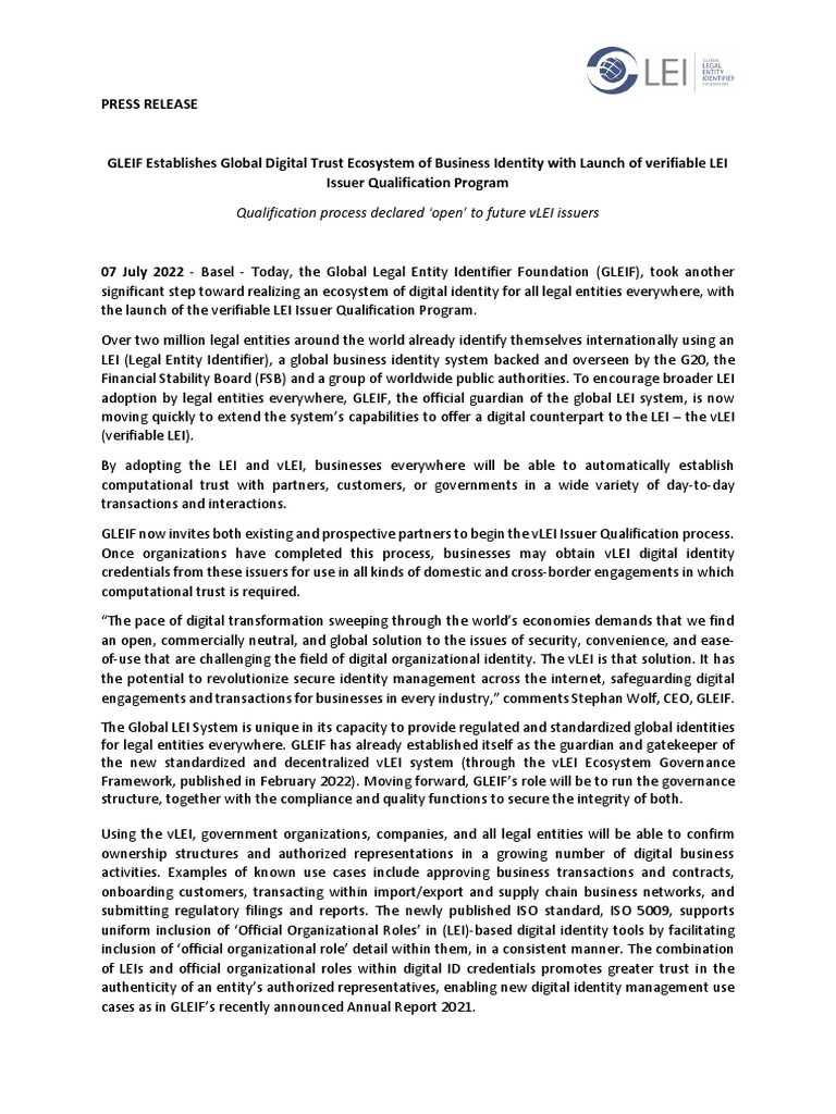 GLEIF Launches vLEI Issuer Program | PDF | Computing | Information ...