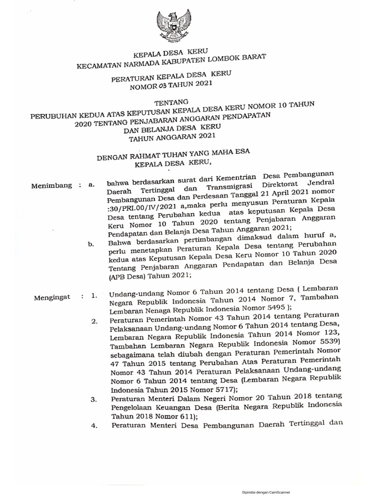 Peraturan Kepala Desa Keru Nomor 03 Tahun 2021 5201032004 | PDF