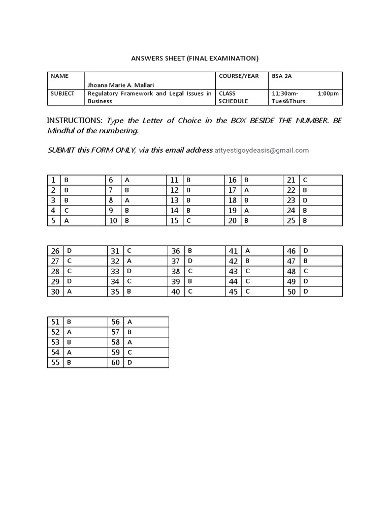 ANSWERS SHEET - 60 ITEMS | PDF