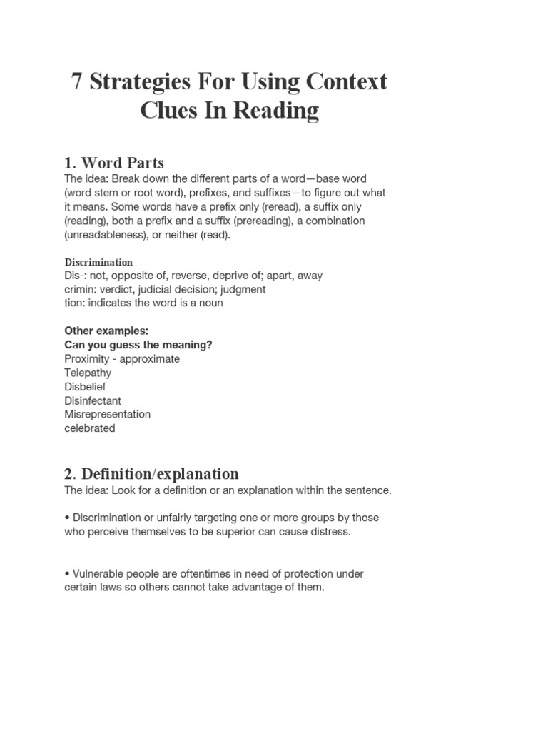 (VOCABULARY) 7 Strategies For Using Context Clues | PDF | Word ...