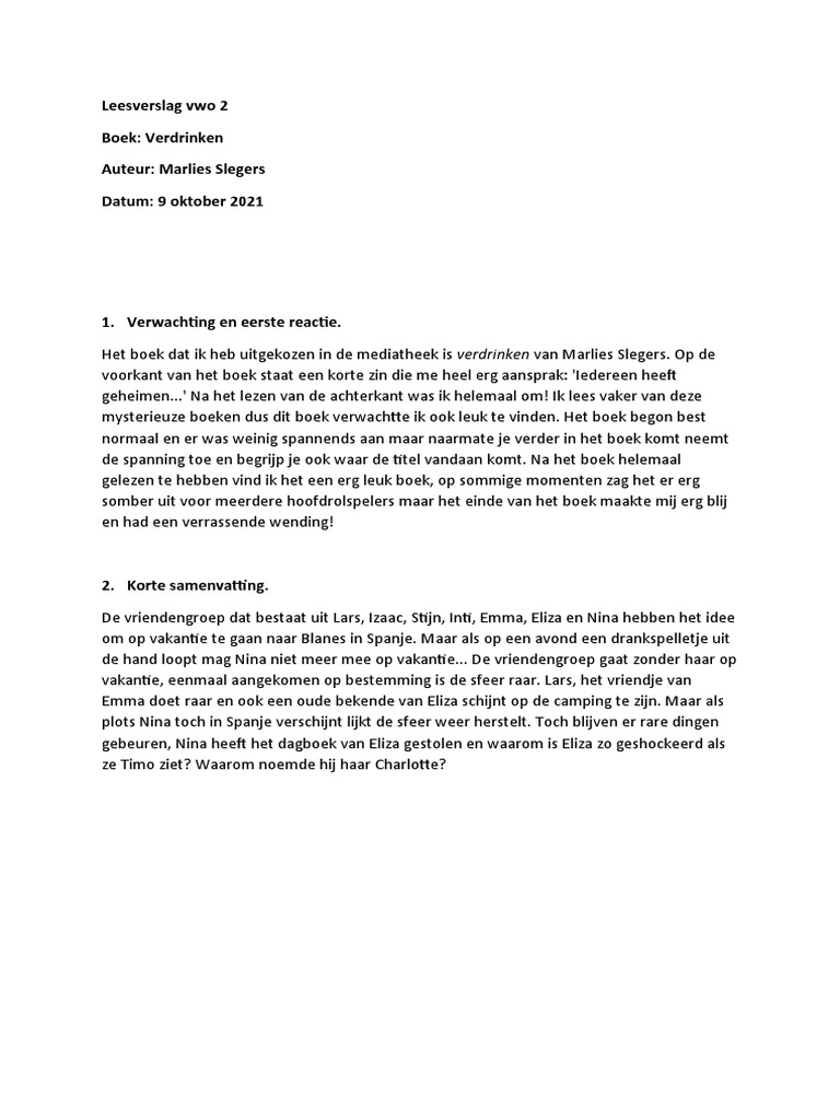 Nederlands Leesverslag Verdrinken | PDF