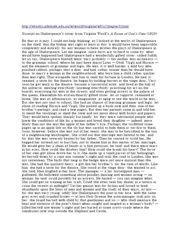 Shakespeare's Sister: A Lost Talent | PDF | A Room Of One's Own