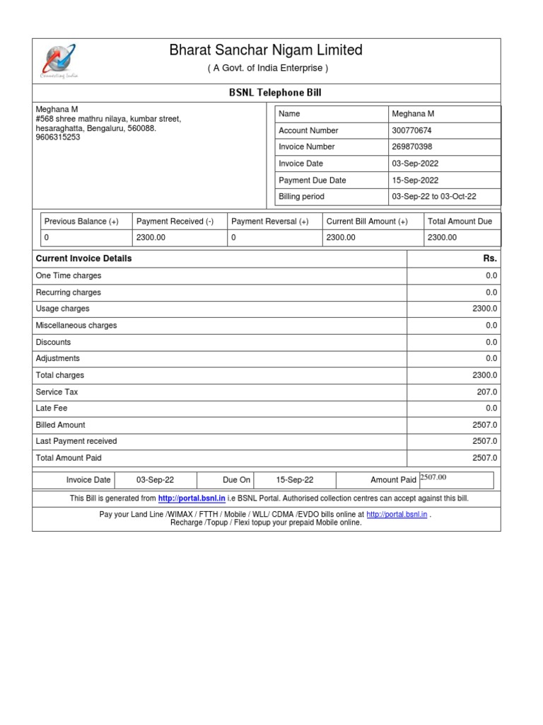 BSNL Telephone Bill for Meghana M | PDF | Taxes | Telecommunications
