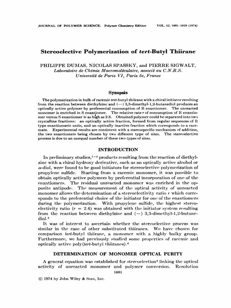 1974 Stereoelective Polymerization of Tert Butyl Thiirane | PDF ...