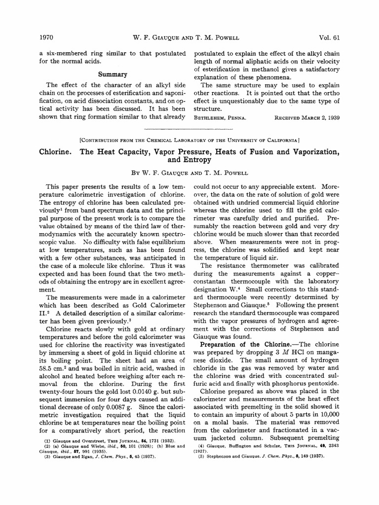 Chlorine Vapor Pressure and Heat Capacity | PDF | Solubility | Heat