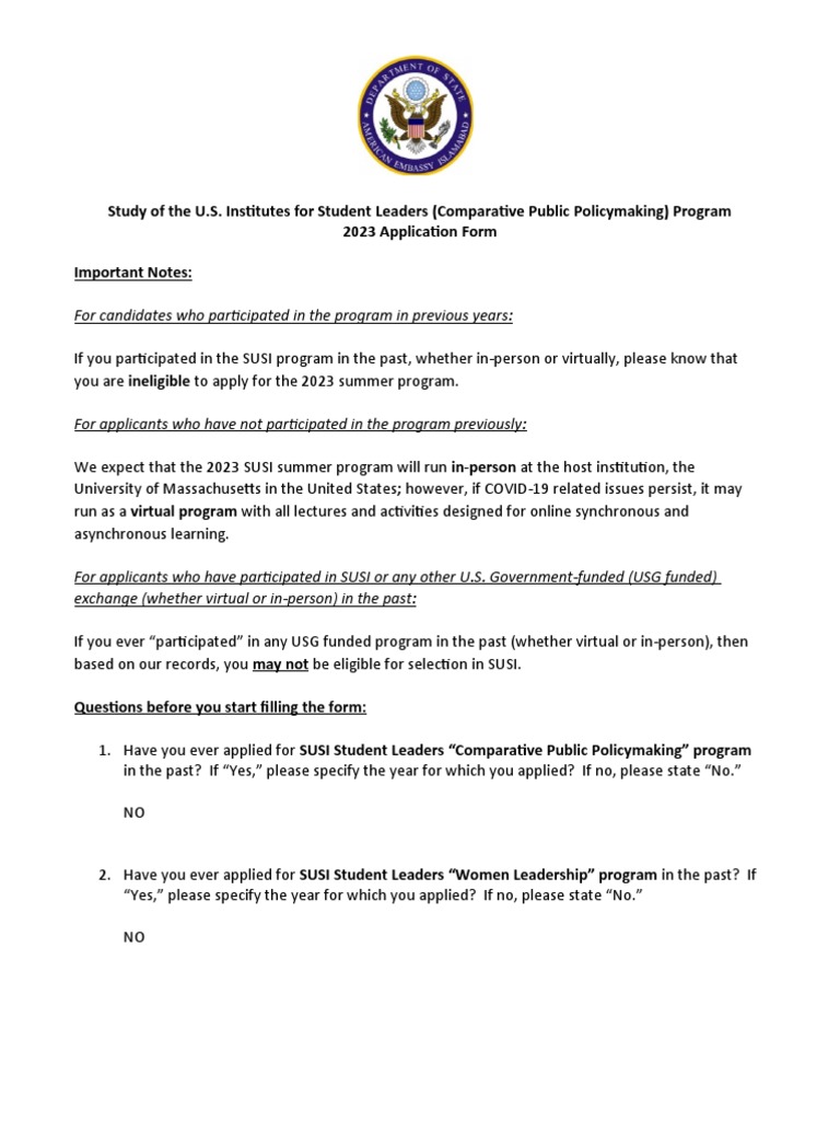 2023 SUSI Application Form Final 1 | PDF | Disability | Leadership