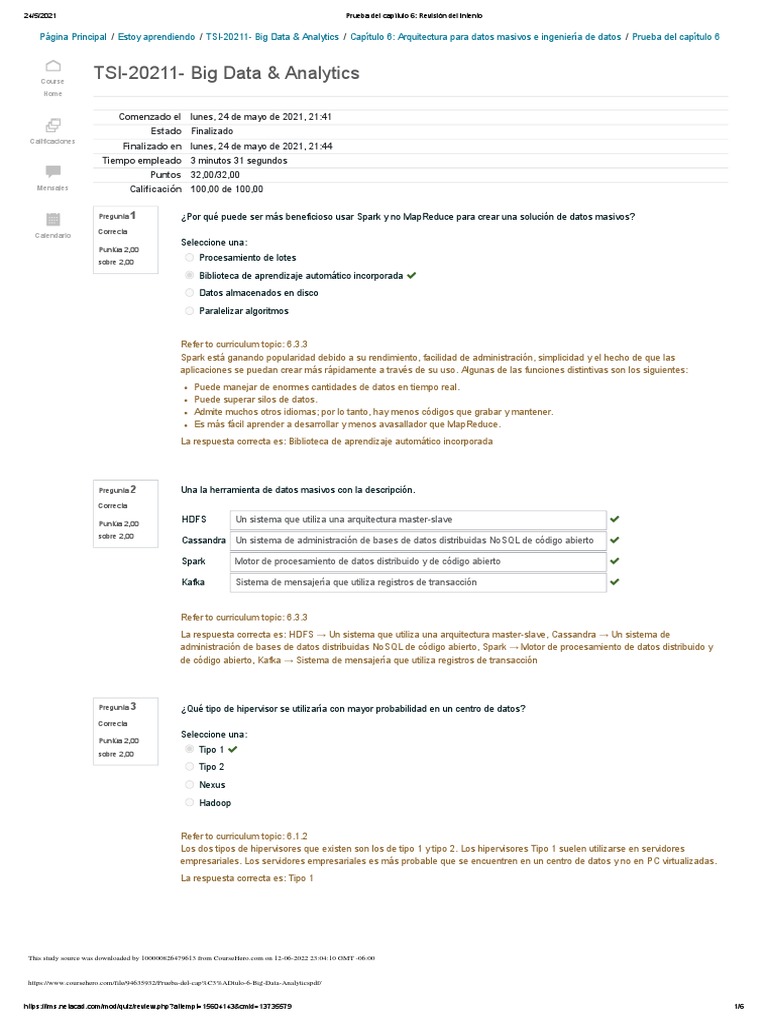 Prueba Del Cap Tulo 6 Big Data Analytics PDF | PDF | Computación en la nube | Apache Hadoop